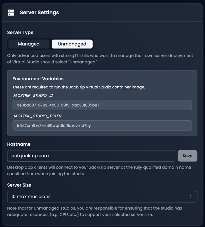 Unmanaged JackTrip Studio Servers